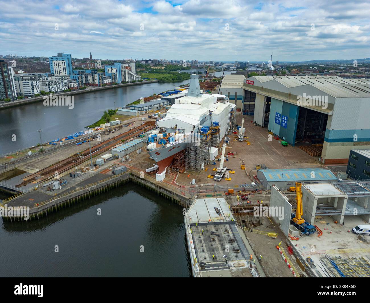 Aerial view from drone of HMS Cardiff Type 26 Frigate under ...