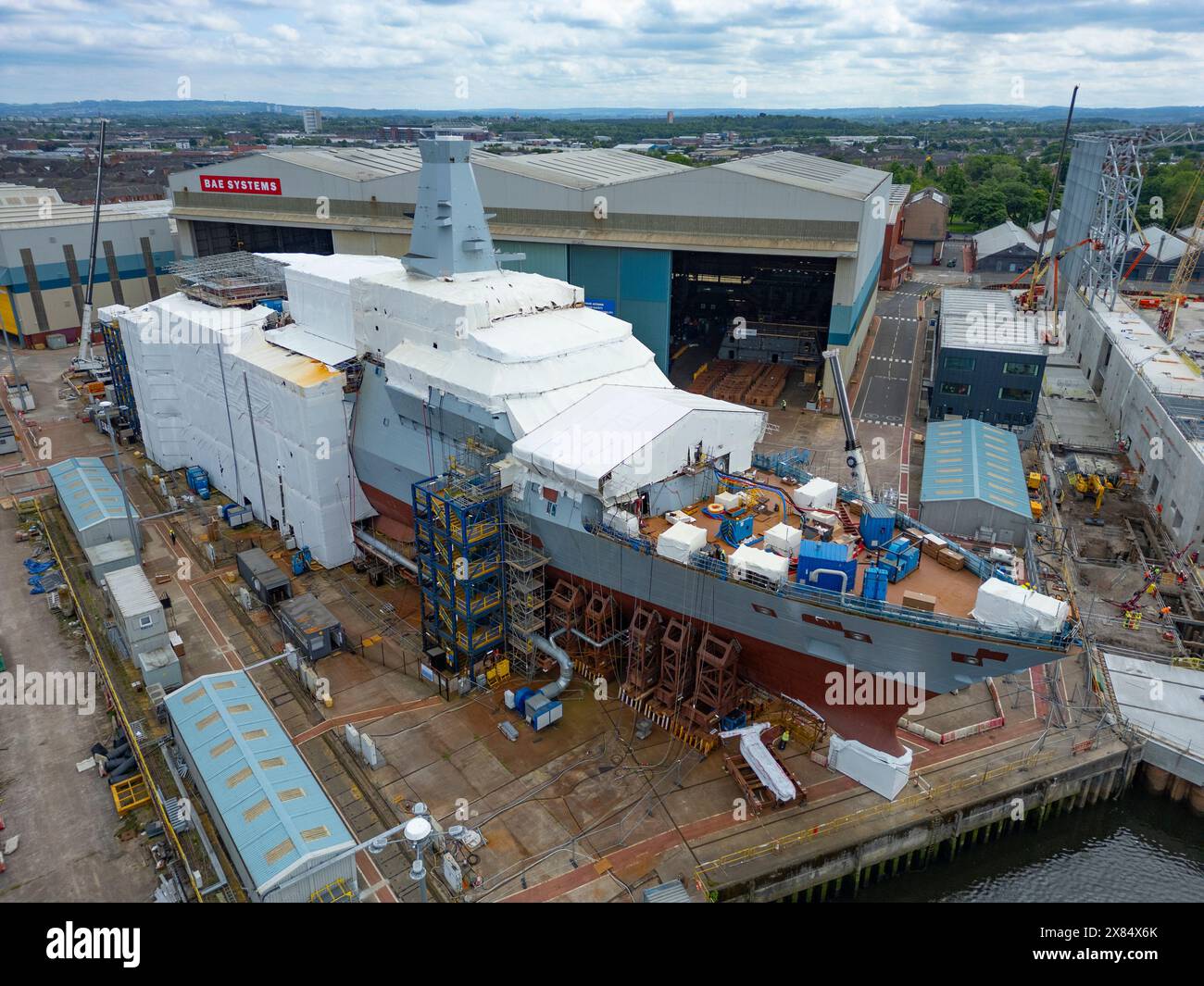 Aerial view from drone of HMS Cardiff Type 26 Frigate under ...