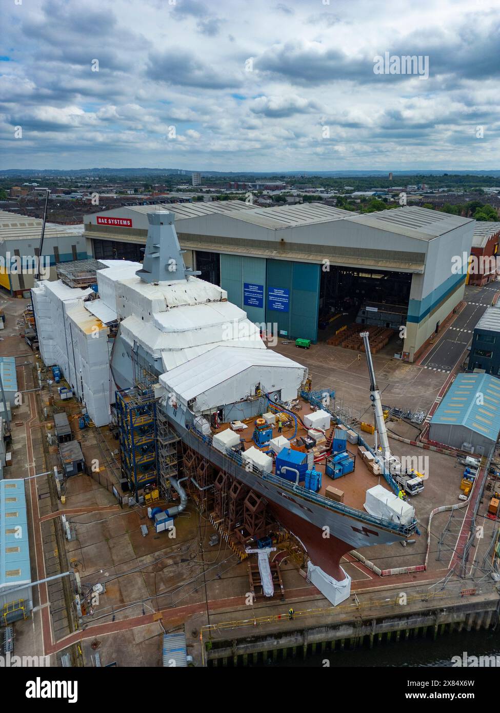 Aerial view from drone of HMS Cardiff Type 26 Frigate under ...