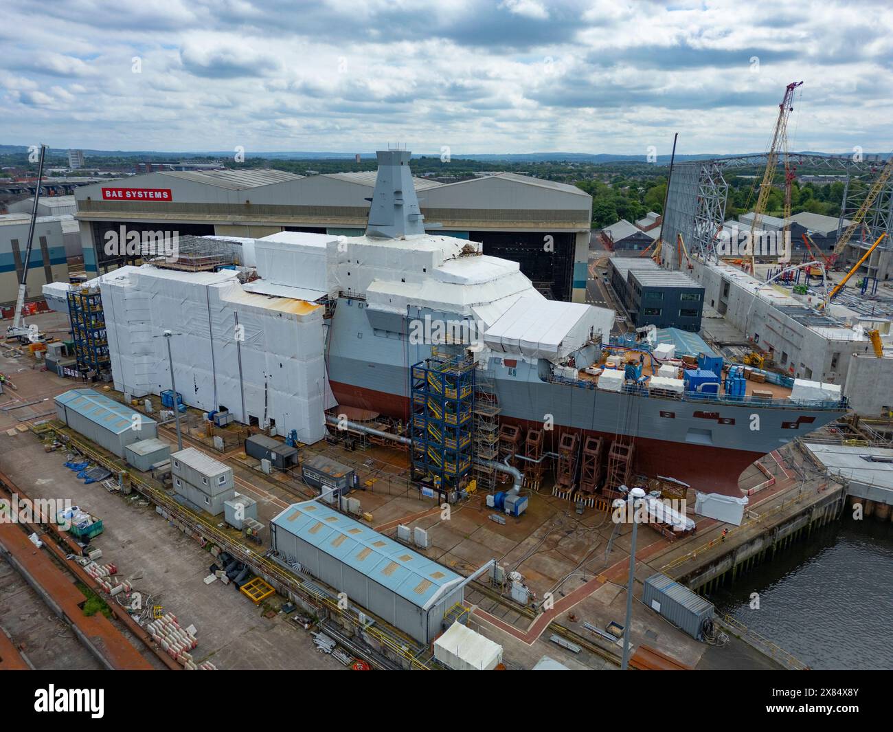 Aerial view from drone of HMS Cardiff Type 26 Frigate under ...