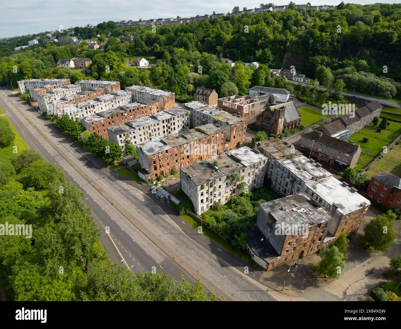 Aerial view from drone of derelict abandoned apartment buildings at ...