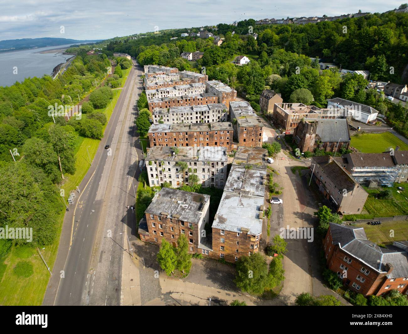 Aerial view from drone of derelict abandoned apartment buildings at ...