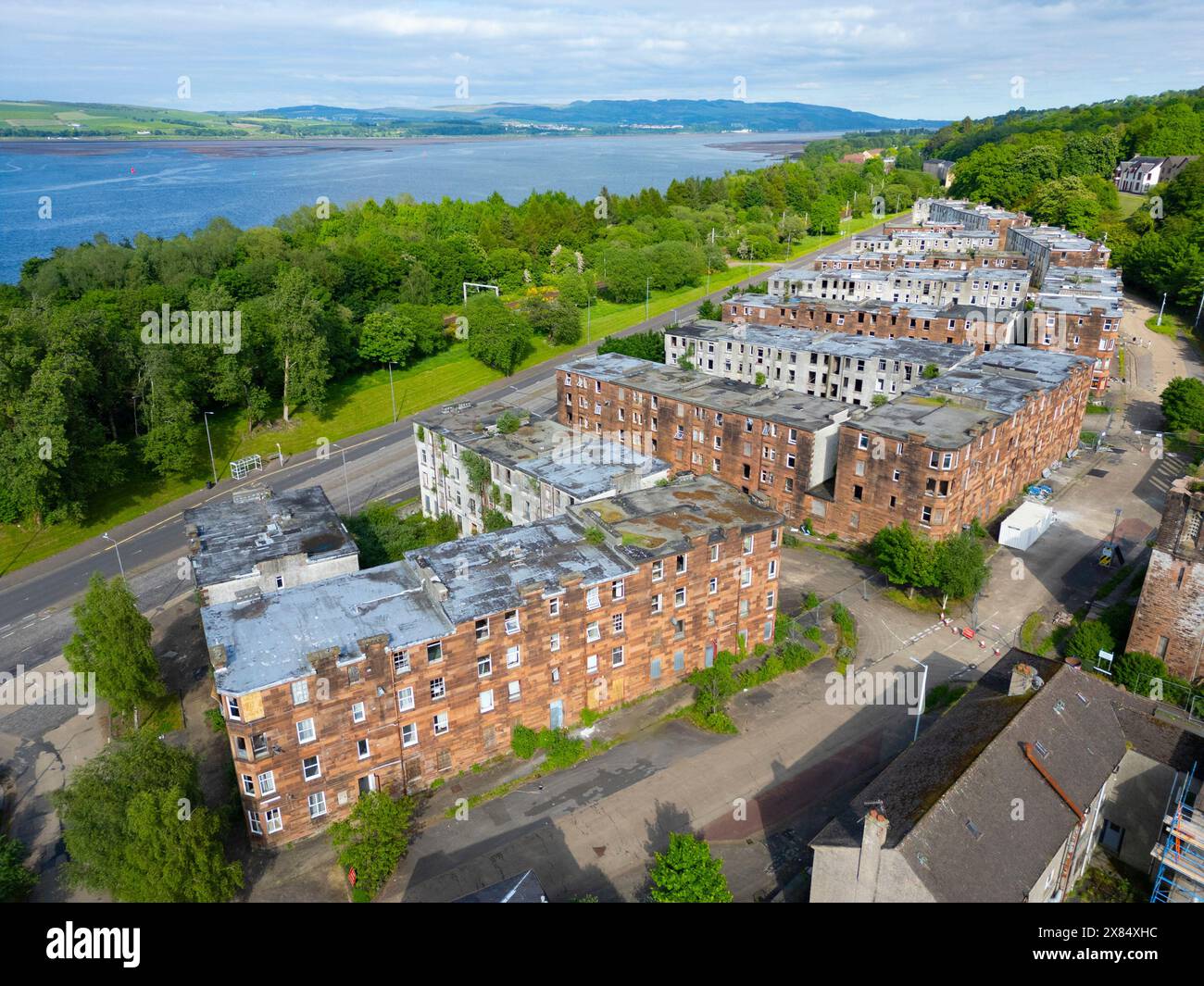 Aerial view from drone of derelict abandoned apartment buildings at ...