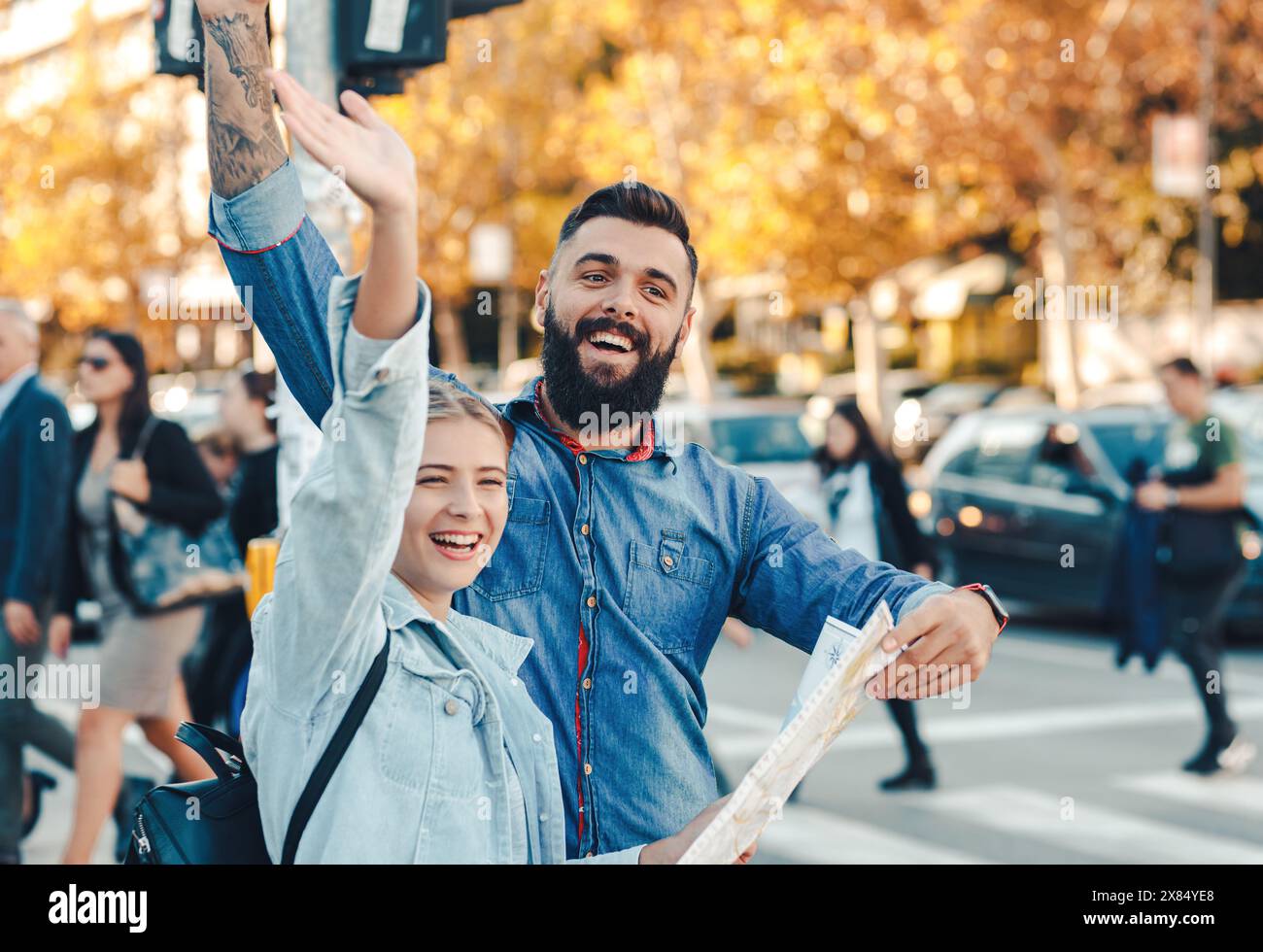 Smiling couple enjoying on vacation, young tourist having fun walking ...