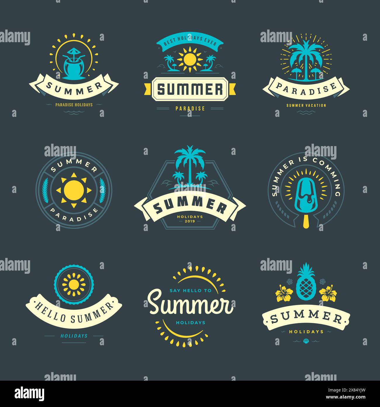 Summer holidays labels and badges retro typography design set ...
