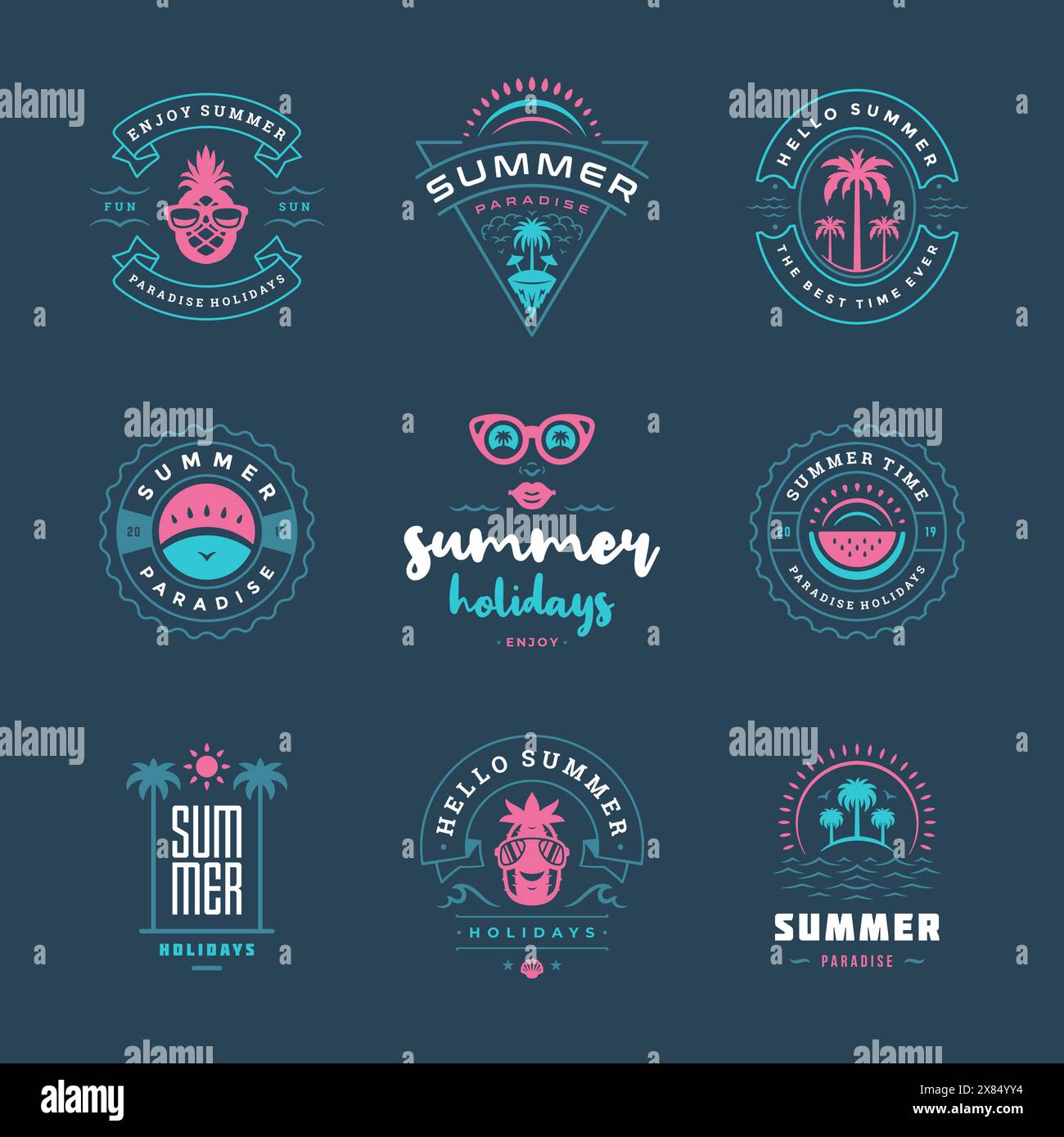 Summer holidays labels and badges retro typography design set ...