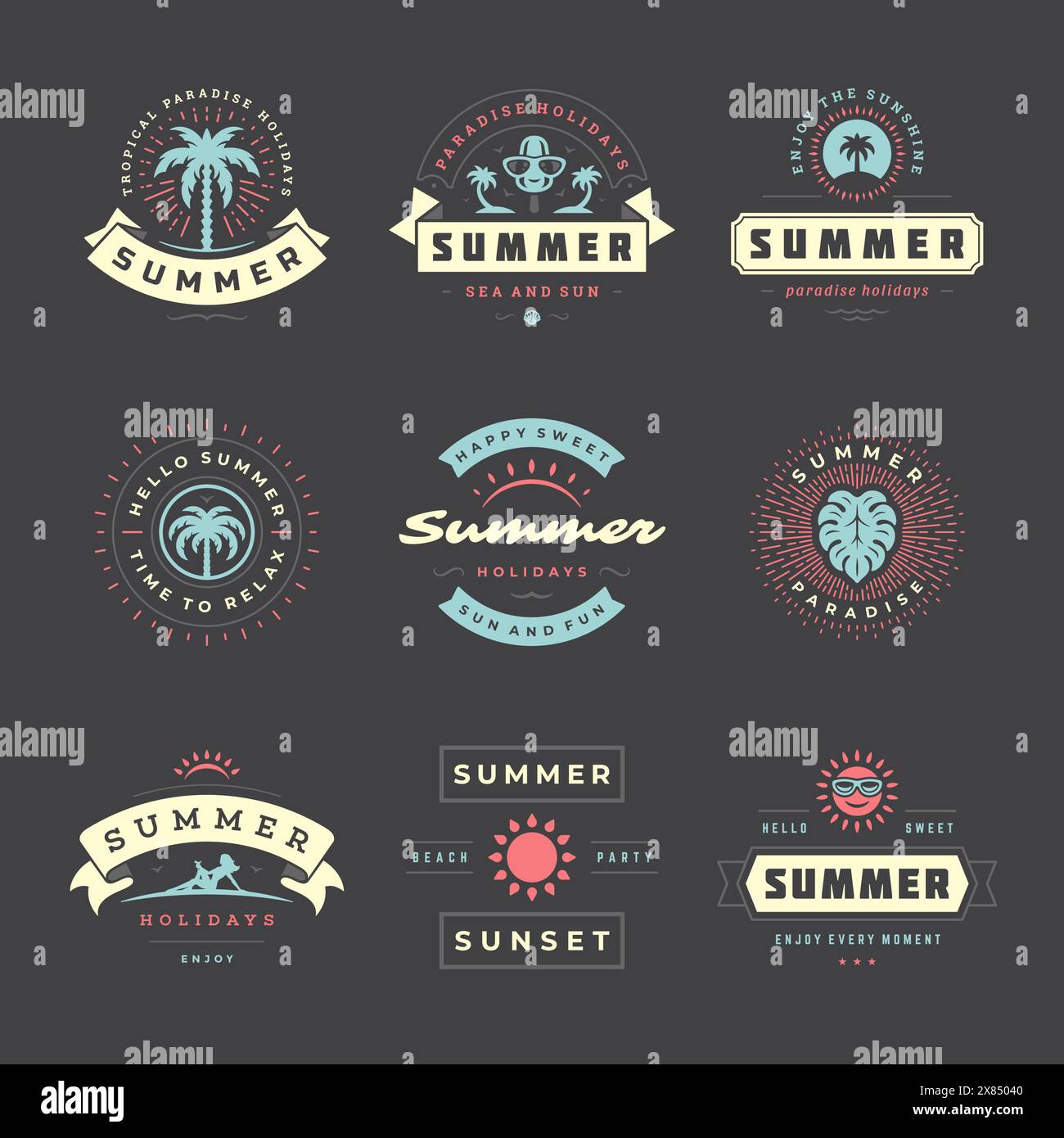 Summer holidays labels and badges retro typography design set ...