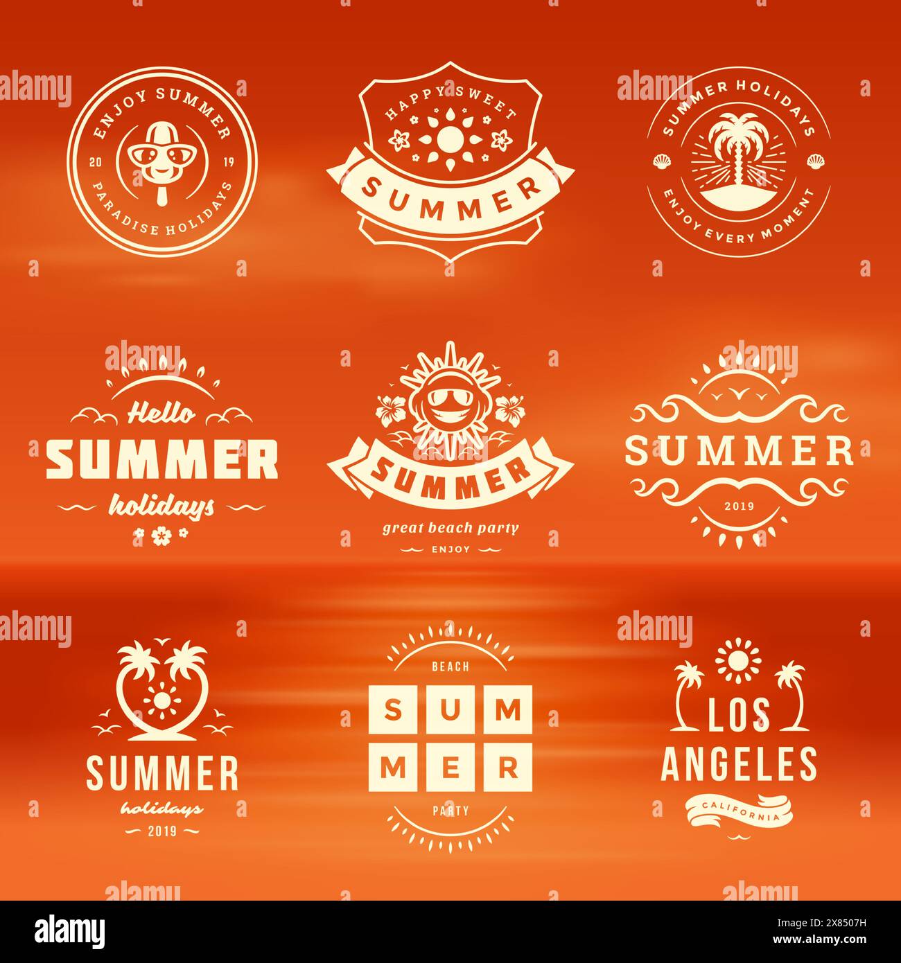 Summer holidays labels and badges retro typography design set ...