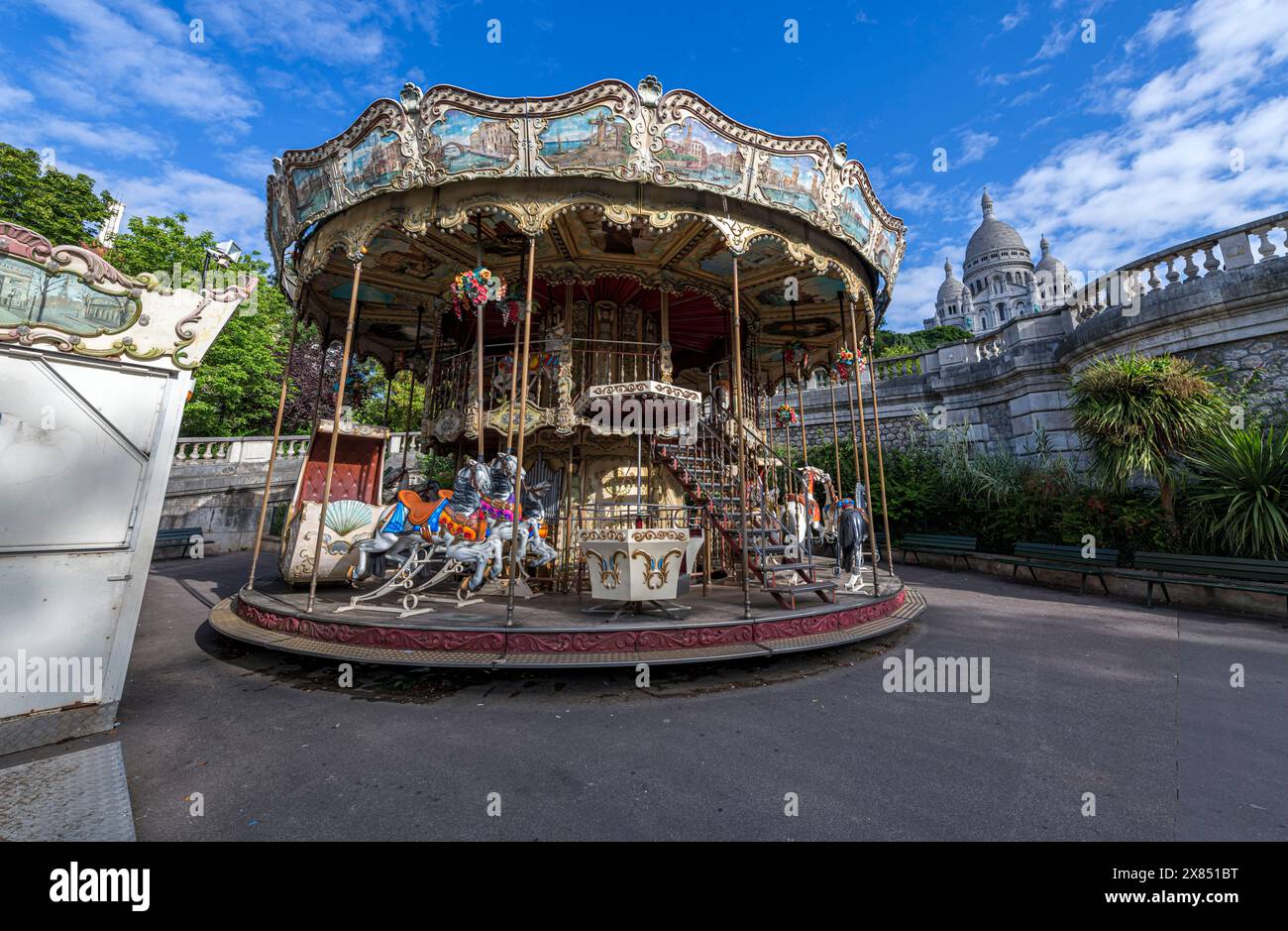 Carousel with Sacre Coeur, basilica in the background, Montmartre ...