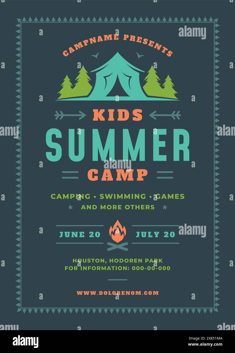 Kids summer camp poster or flyer event retro typography design template ...