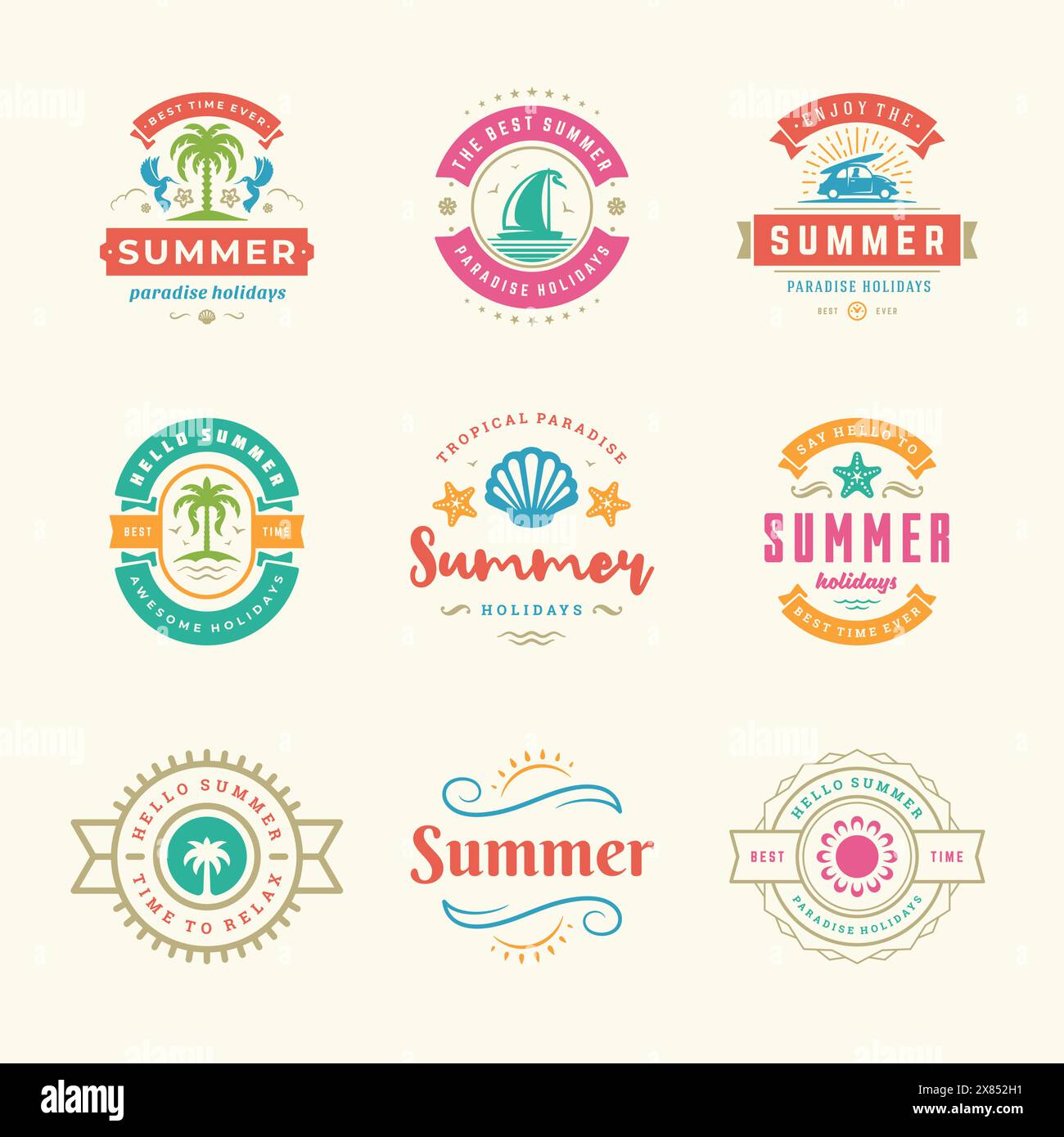Summer holidays labels and badges retro typography design set ...