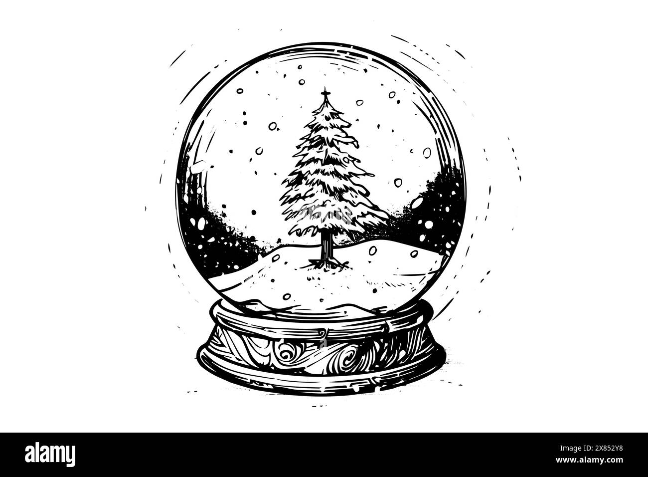 Merry Christmas gift snow globe Snowflake tree inside. Vector engraving ...