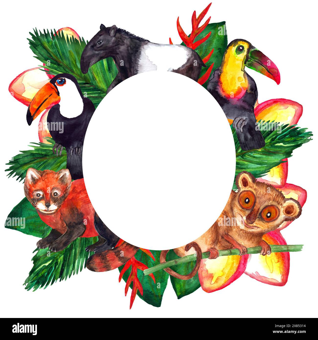 Cute watercolor tropical animals and plants - children's oval frame on ...