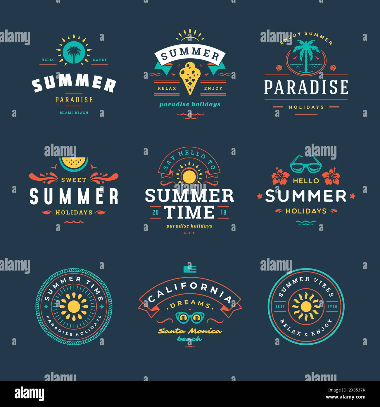 Summer holidays labels and badges retro typography design set ...