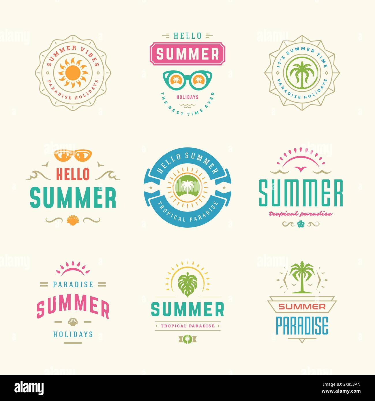 Summer holidays labels and badges retro typography design set ...
