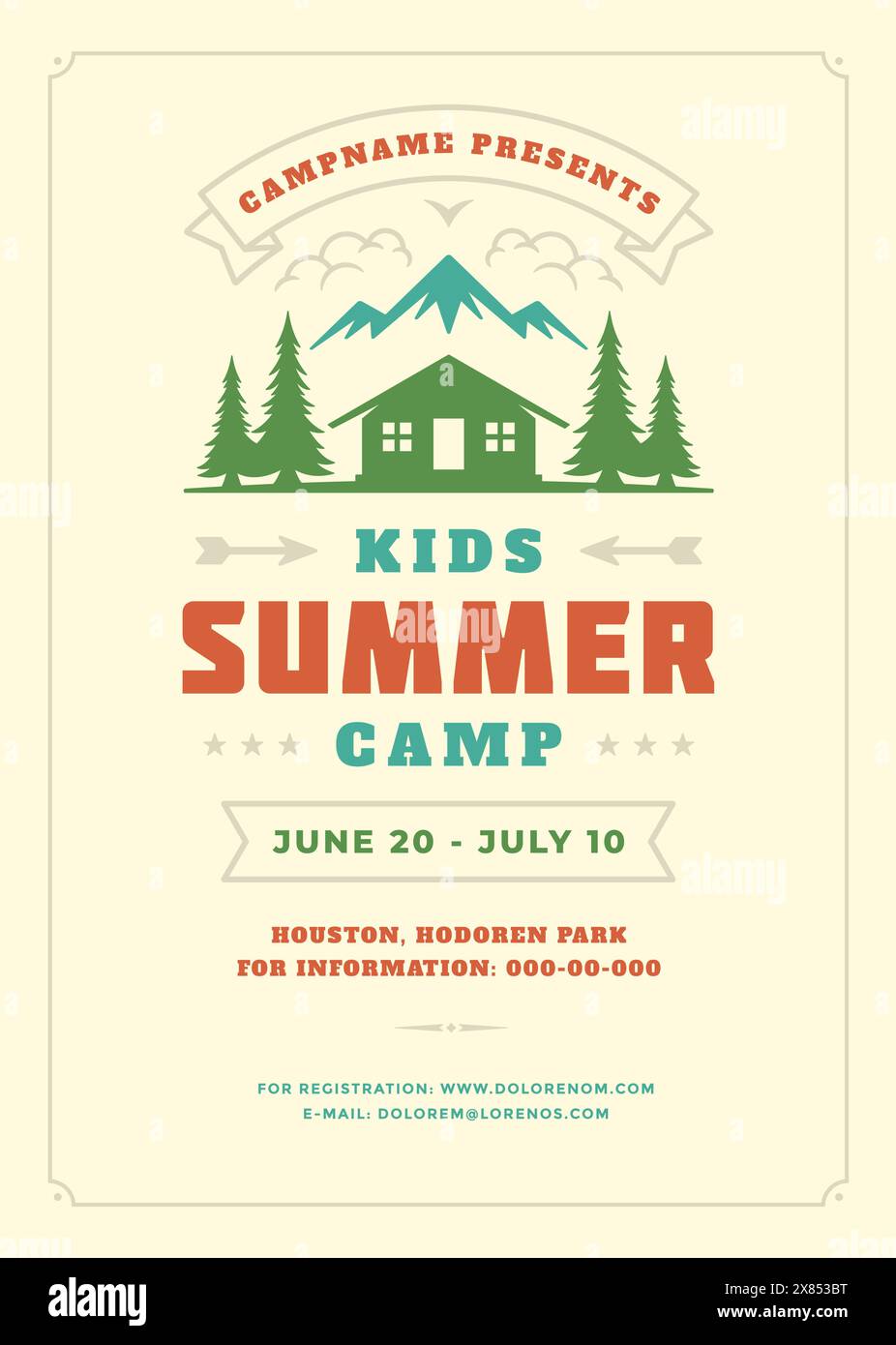 Kids summer camp poster or flyer event retro typography design template ...
