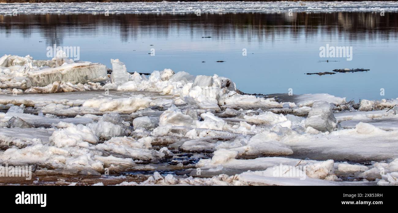 A landscape of an ice drift (ice-boom, debacle) on the northern river ...