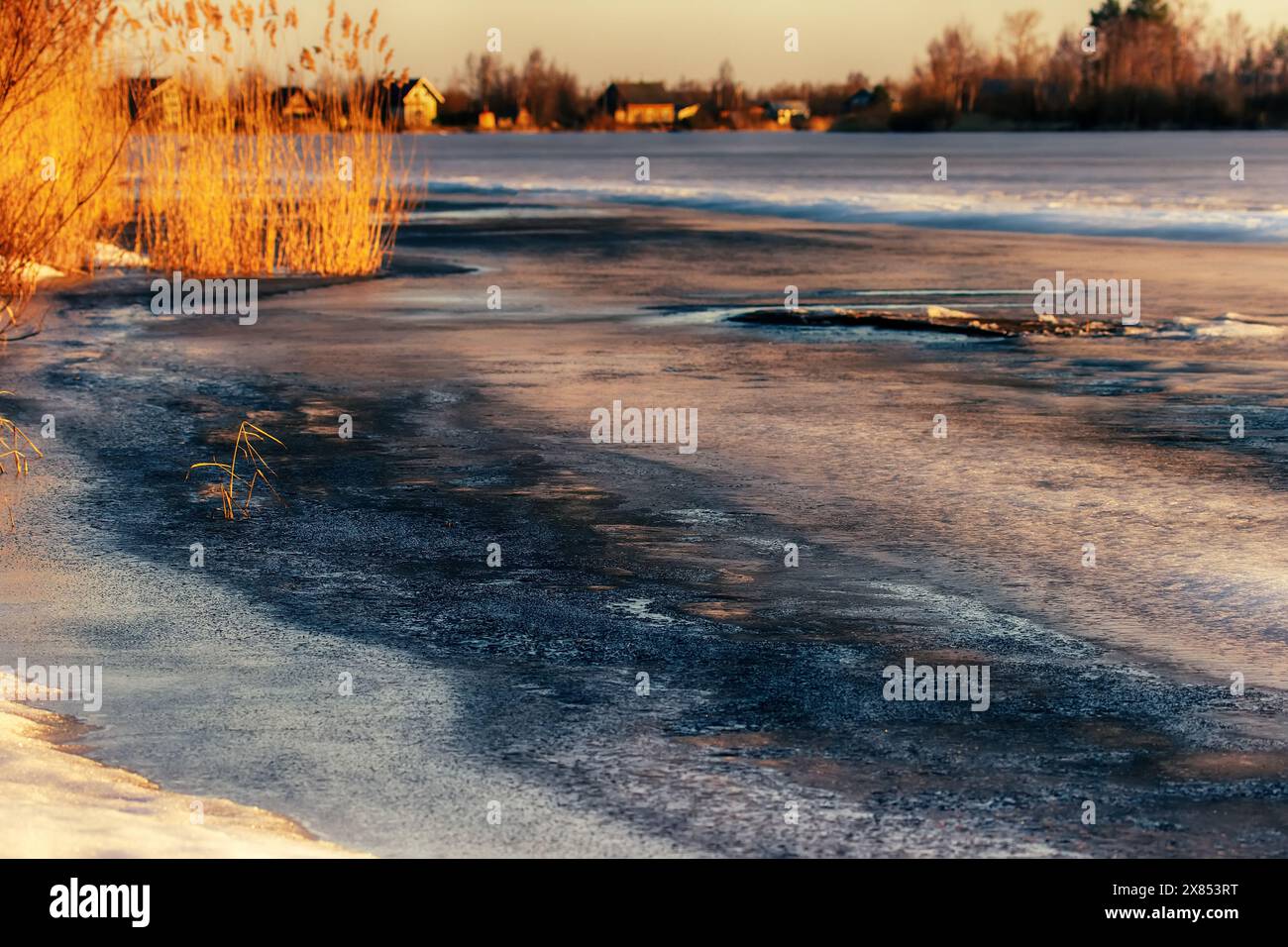 North-eastern European river after frosty winter. Porous ice began to ...