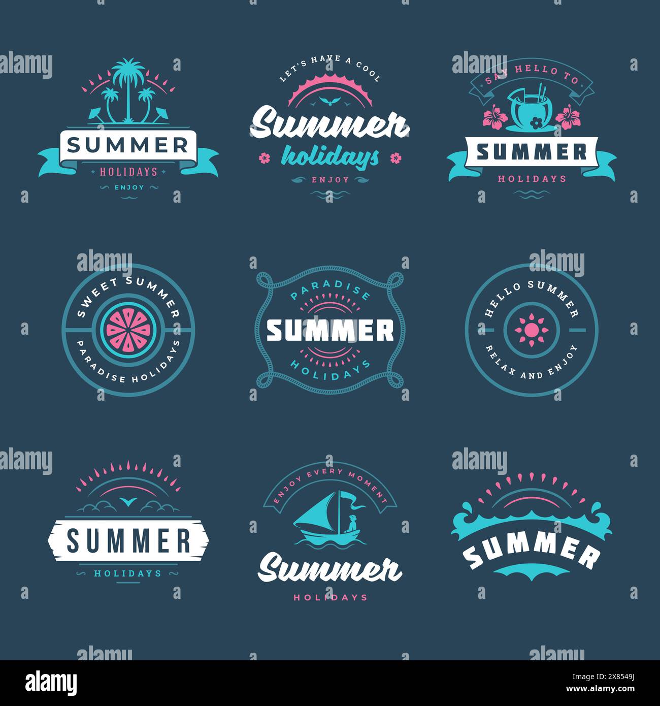 Summer holidays labels and badges retro typography design set ...