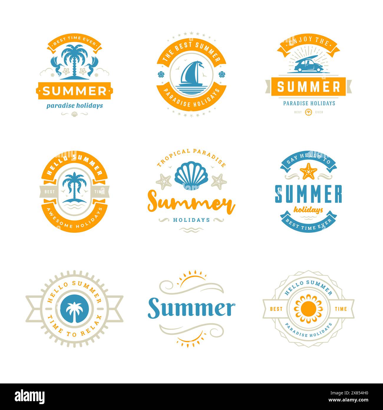 Summer holidays labels and badges retro typography design set ...