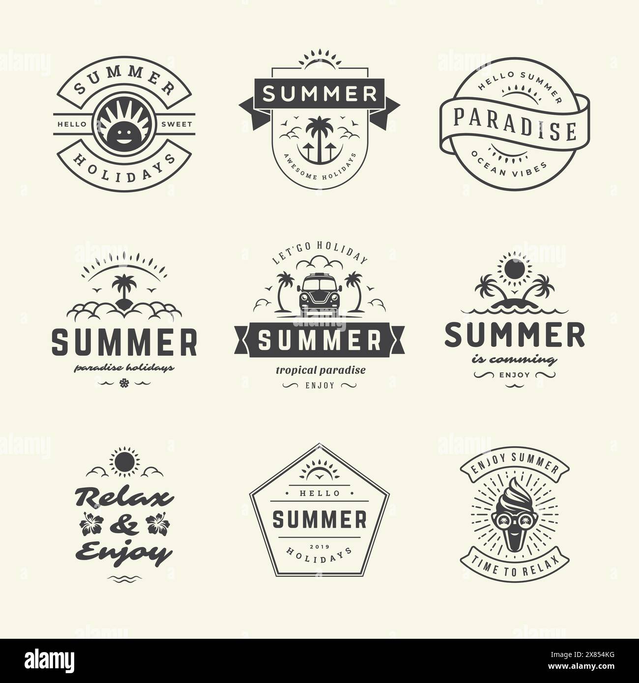 Summer holidays labels and badges retro typography design set ...