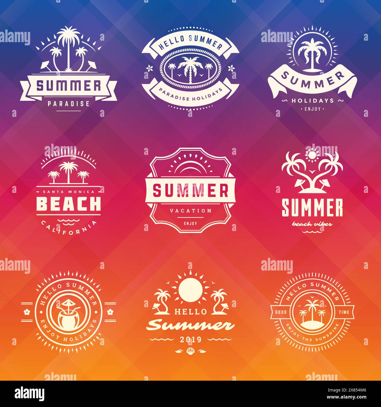 Summer holidays labels and badges retro typography design set ...