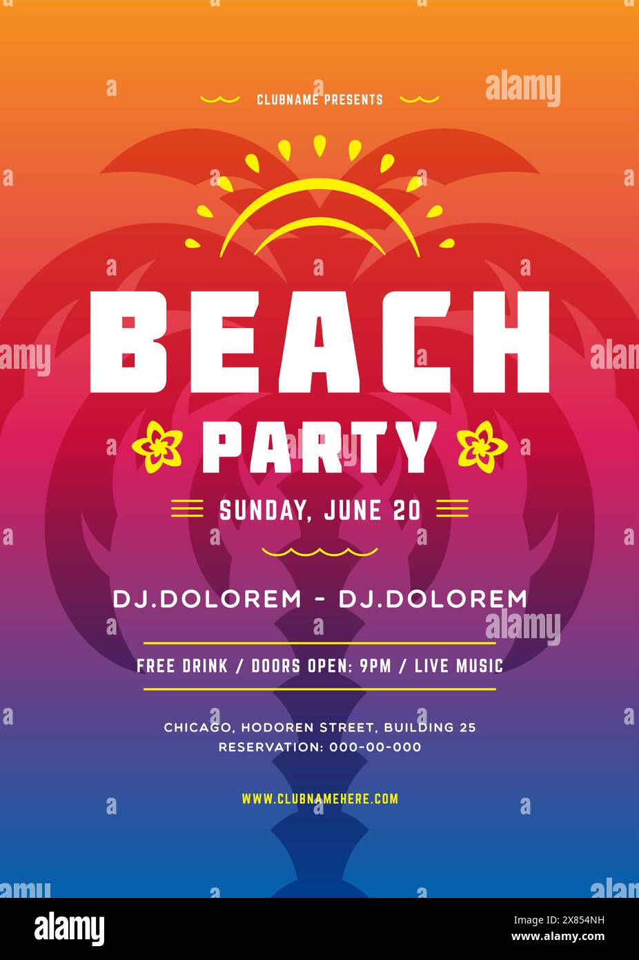 Summer party poster or flyer retro design template. Night club event ...