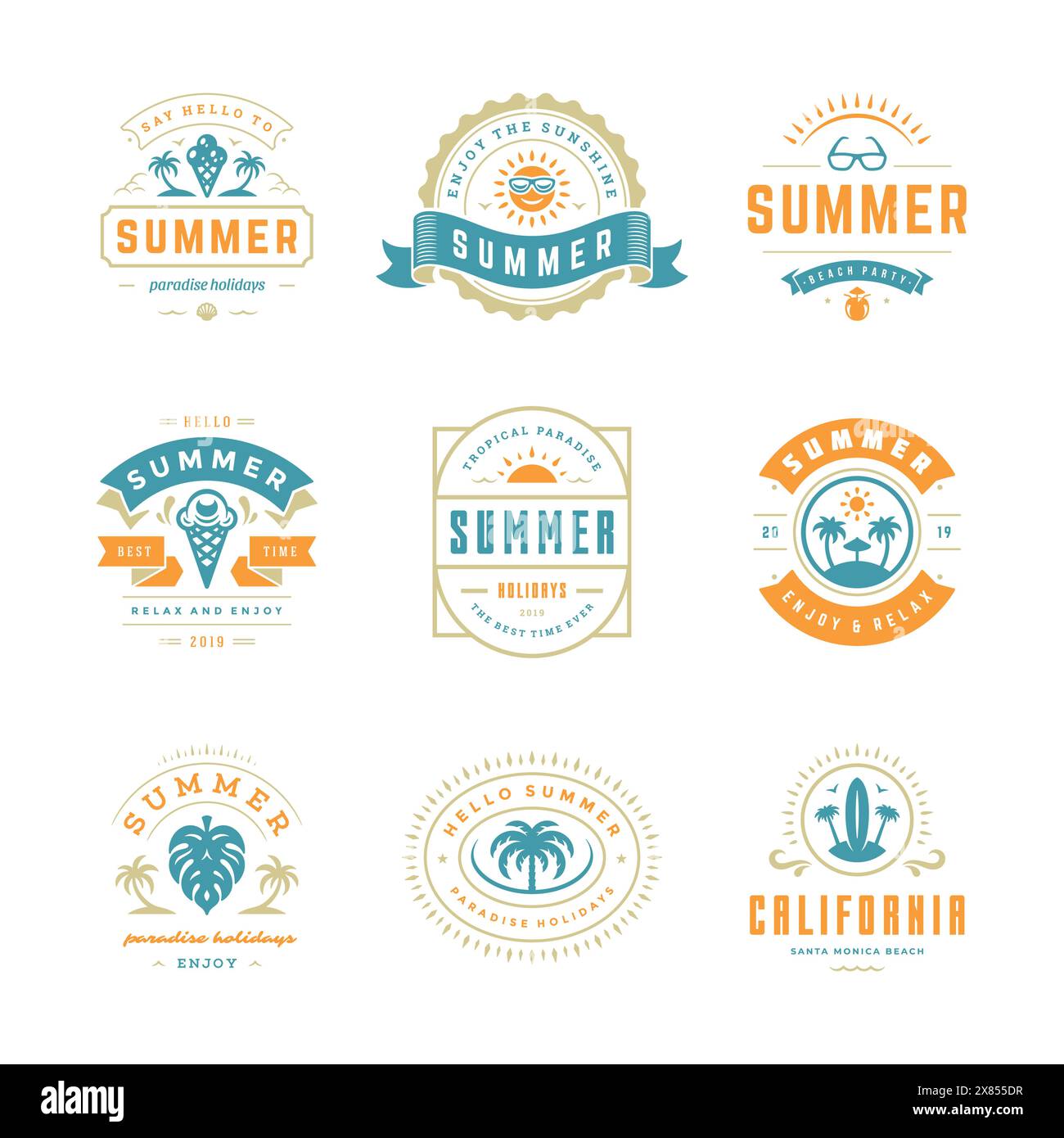 Summer holidays labels and badges retro typography design set ...
