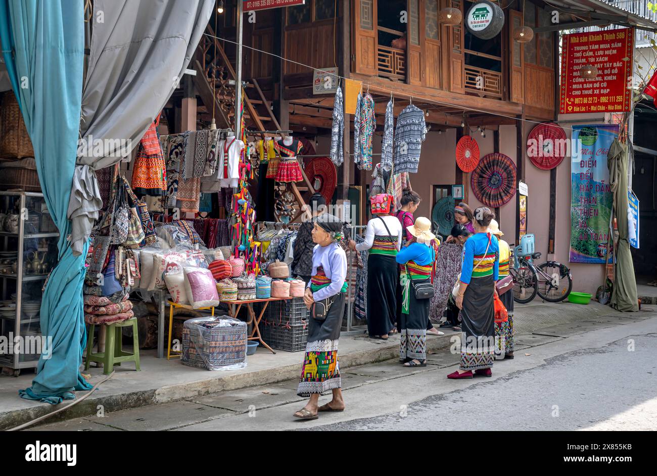 Ban Lac, Mai Chau Town, Hoa Binh, Vietnam - February 18, 2024: Tourists at Ban Lac, Mai Chau ...