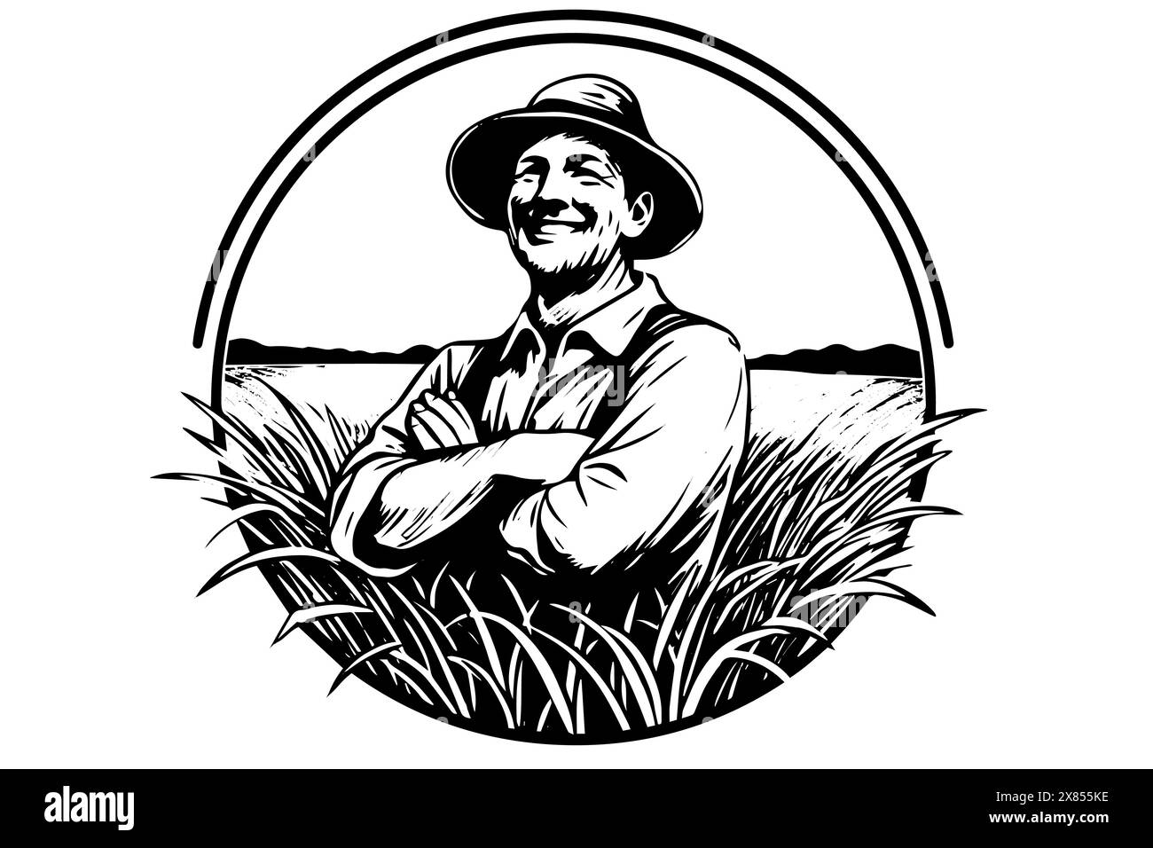 Happy farmer in hat engraving style. Hand drawn ink sketch. Vector ...
