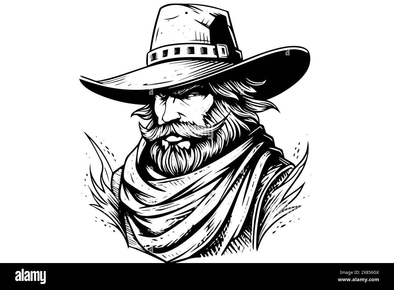 Cowboy head on hat in engraving style. Hand drawn ink sketch. Vector ...