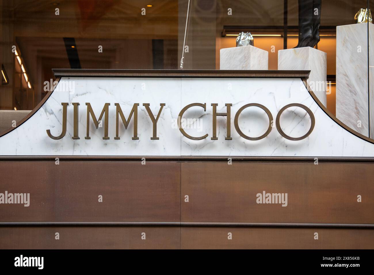 London, UK - February 26th 204: Jimmy Choo logo above the entrance to ...