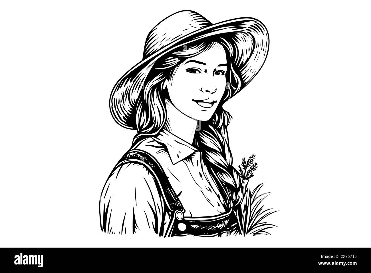 A woman farmer harvesting in the field in engraving style. Drawing ink ...