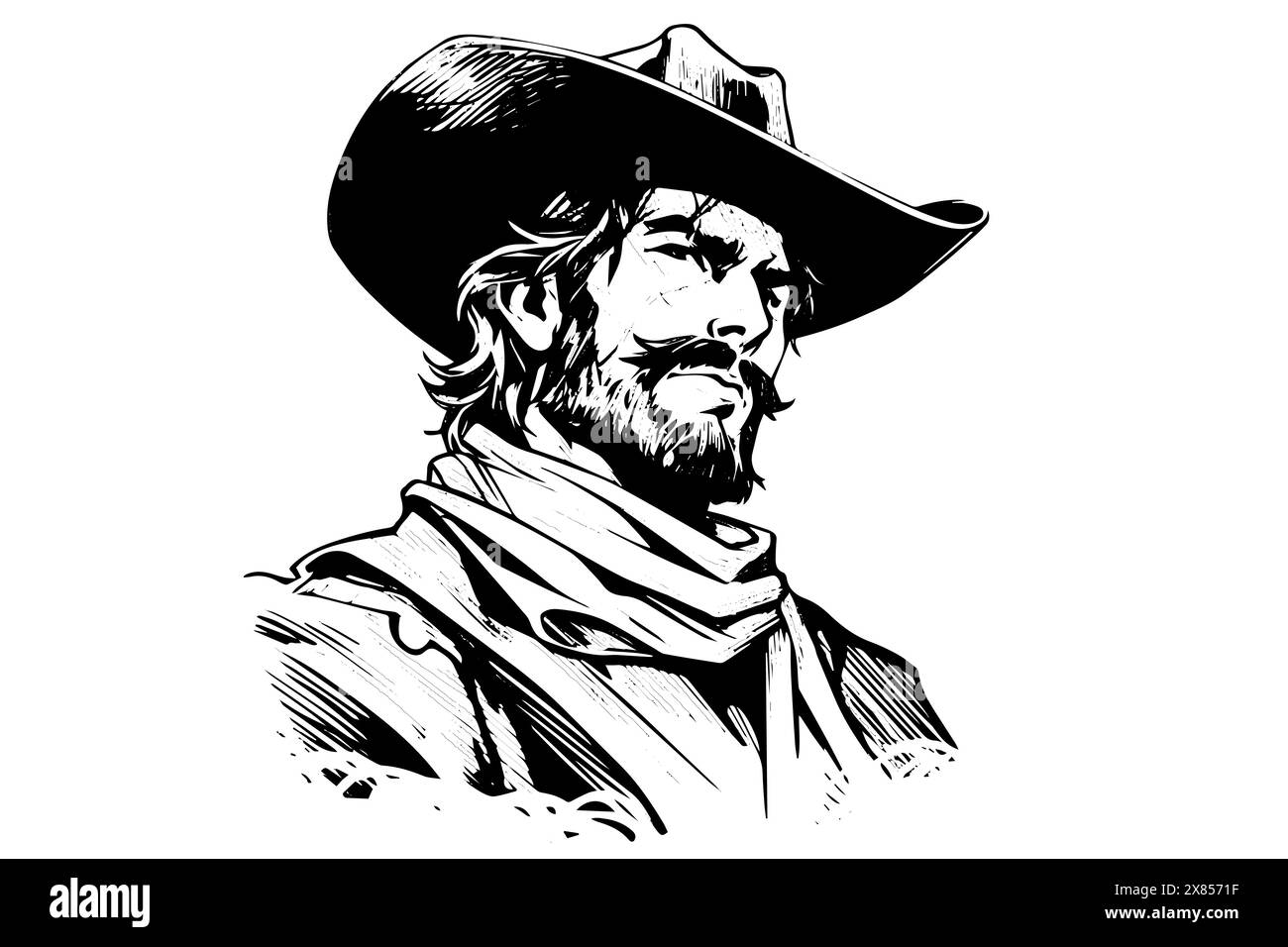 Cowboy bust or head on hat in engraving style. Hand drawn ink sketch ...