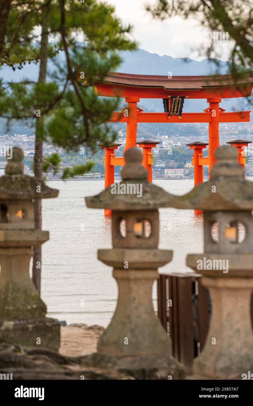 O-torii ( Grand Torii Gate ) stands in Miyajima island bay beach at low ...