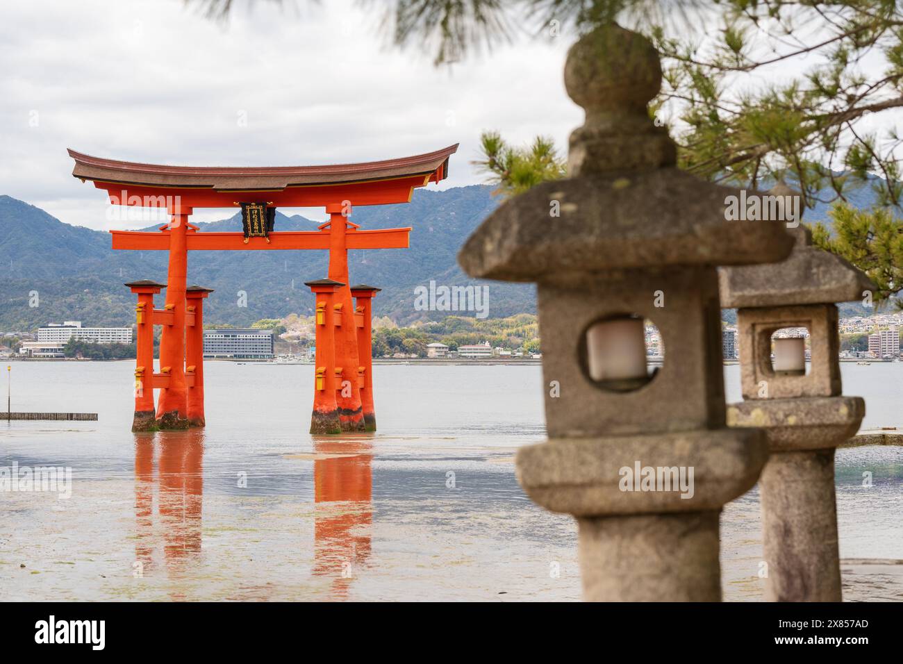 O-torii ( Grand Torii Gate ) stands in Miyajima island bay beach at low ...