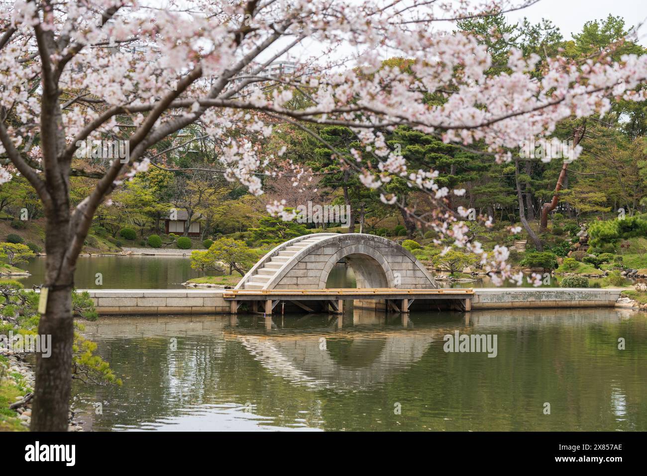 Kokokyo Bridge (Straddling Rainbow bridge) in Shukkei-en or Shukkeien Japanese garden. Hiroshima ...