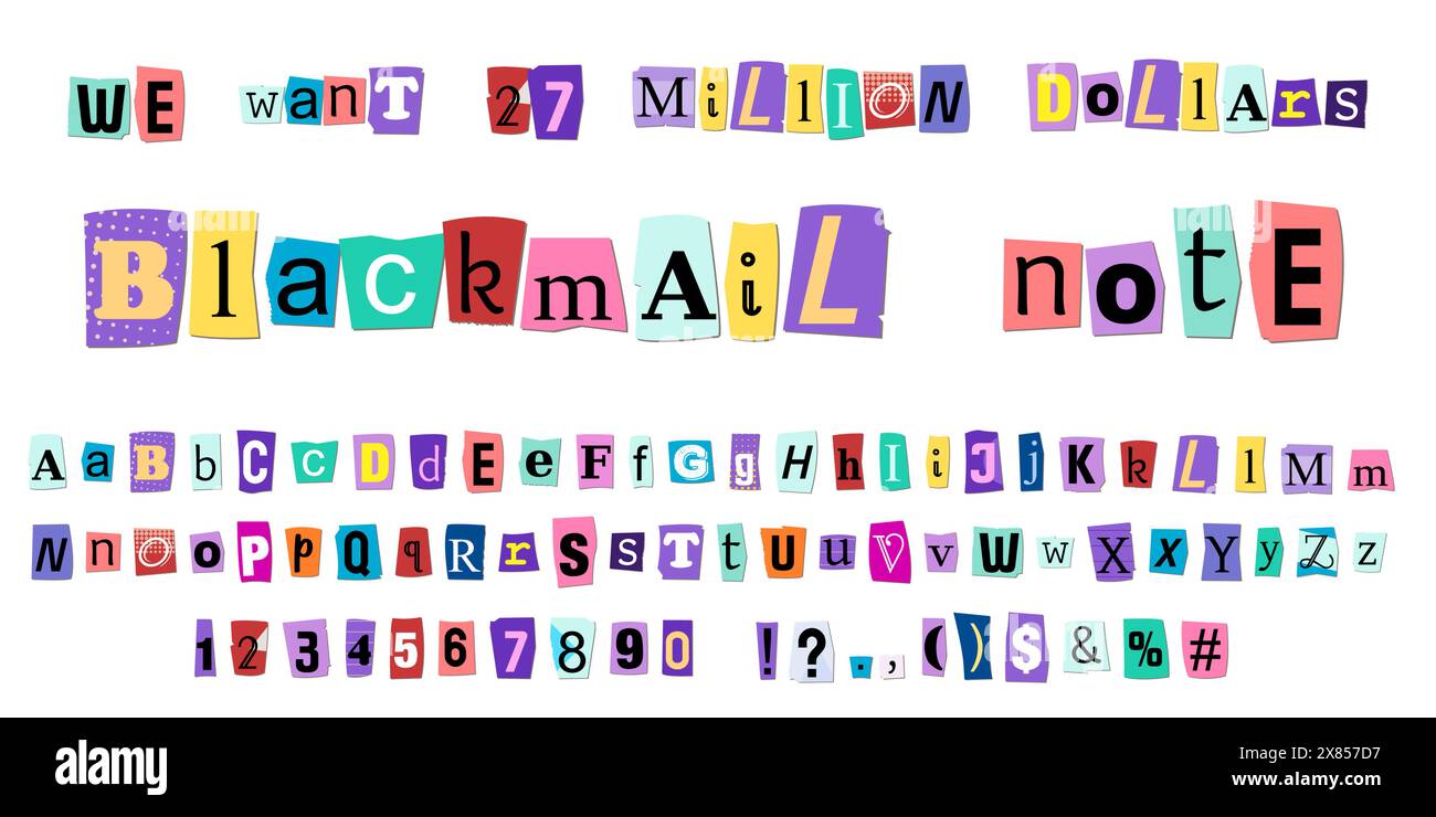 Cut out newspaper letters for criminal anonymous message. Collection of ...