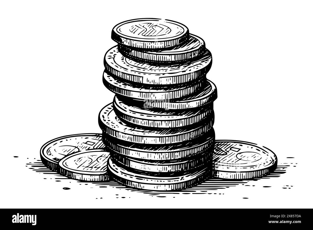 Stack of coins money in engraving style. Hand drawn ink sketch. Vector ...