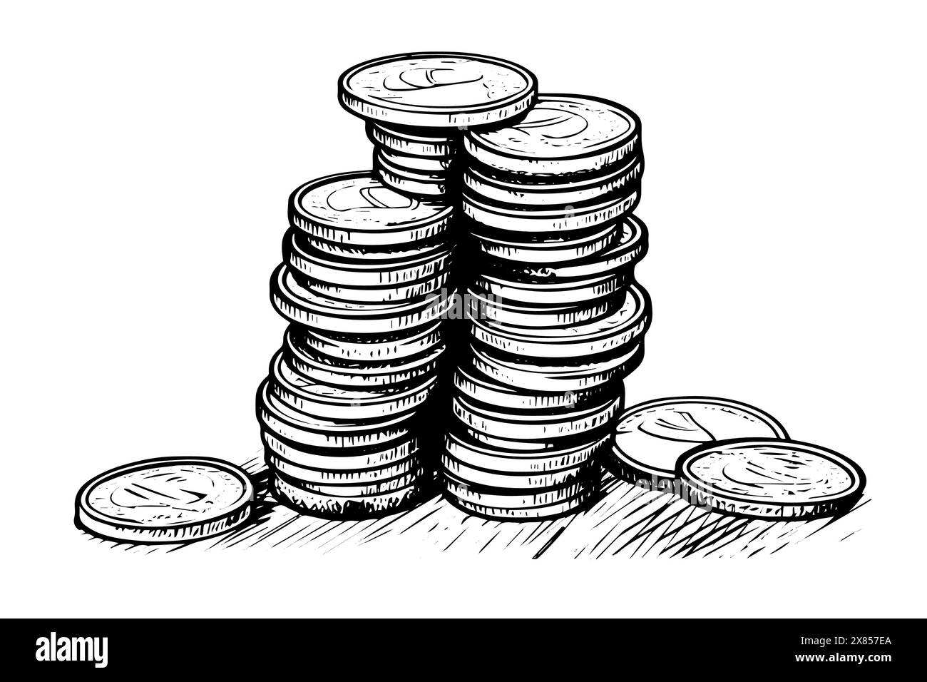 Stack of coins money in engraving style. Hand drawn ink sketch. Vector ...