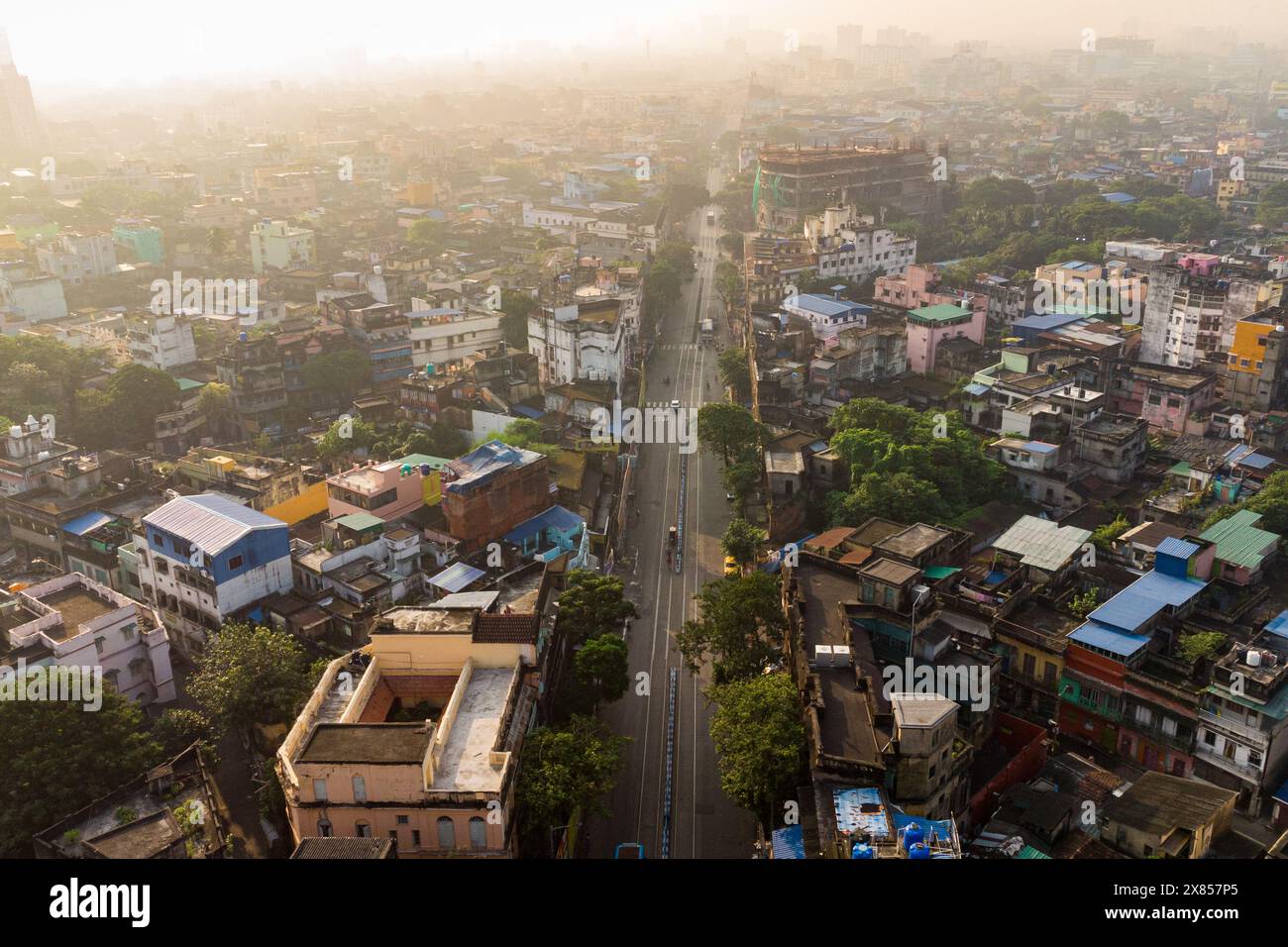 Aerial view of Kolkata at sunrise, capital city of West Bengal abd ...