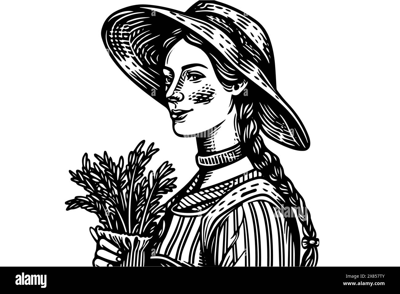 A woman farmer harvesting in the field in engraving style. Drawing ink ...