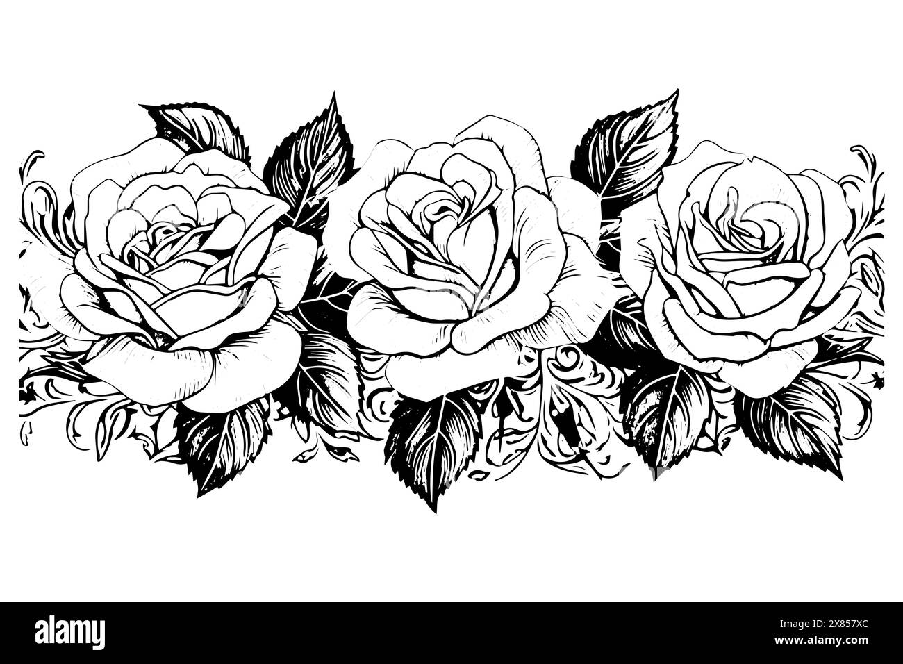 Vintage Floral Tattoo: Hand-Drawn Rose Outline in Baroque Style Vector ...