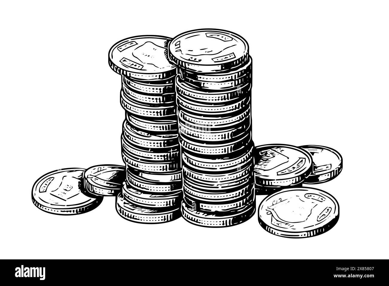 Stack of coins money in engraving style. Hand drawn ink sketch. Vector ...