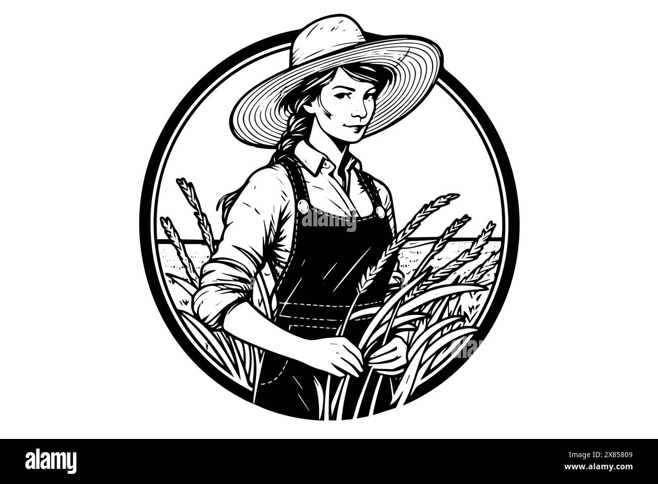 A woman farmer harvesting in the field in engraving style. Drawing ink ...