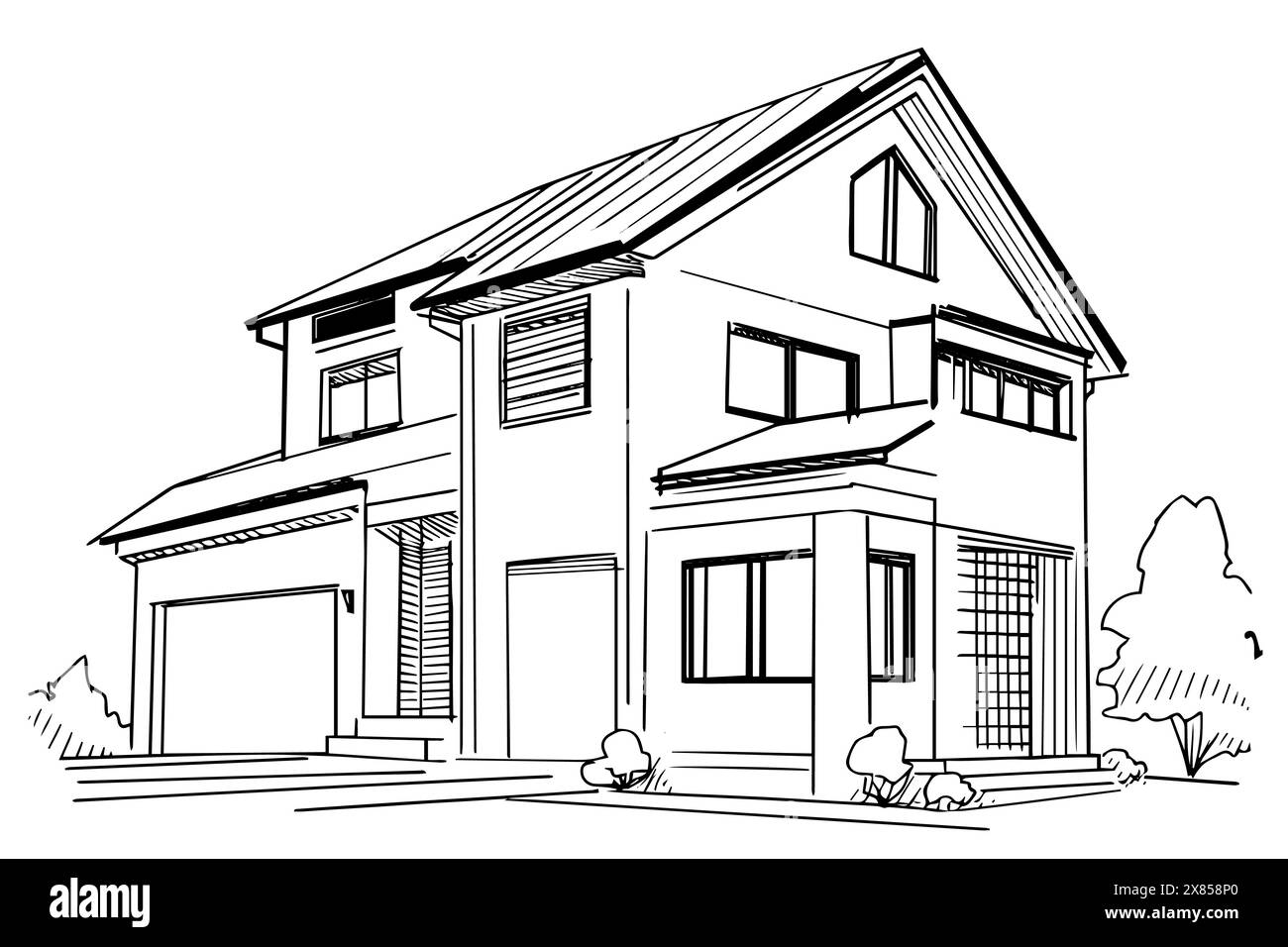 Vector black and white ink sketch of vintage wooden house. Engraving ...