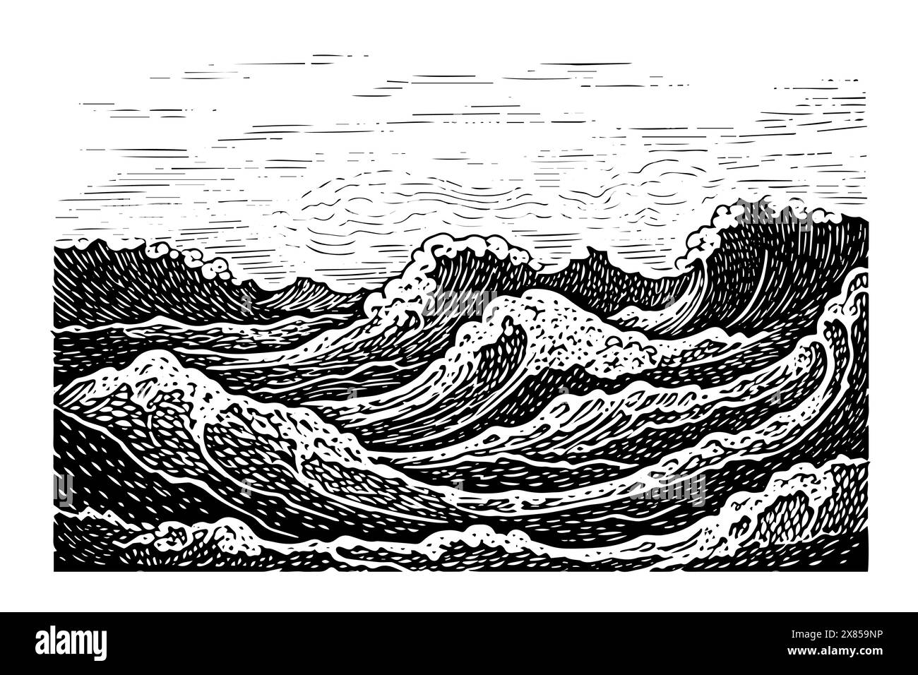 Vintage Sea Wave Sketch: Engraved Vector Illustration of Nature ...