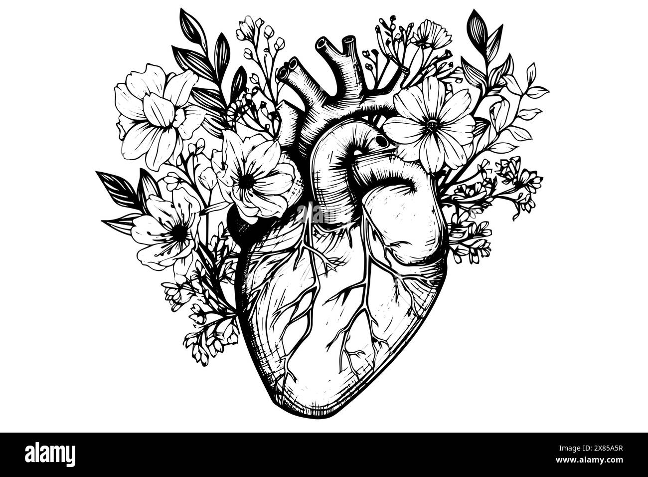 Heart with flowers tattoo in engraved retro style. Vintage vector hand ...