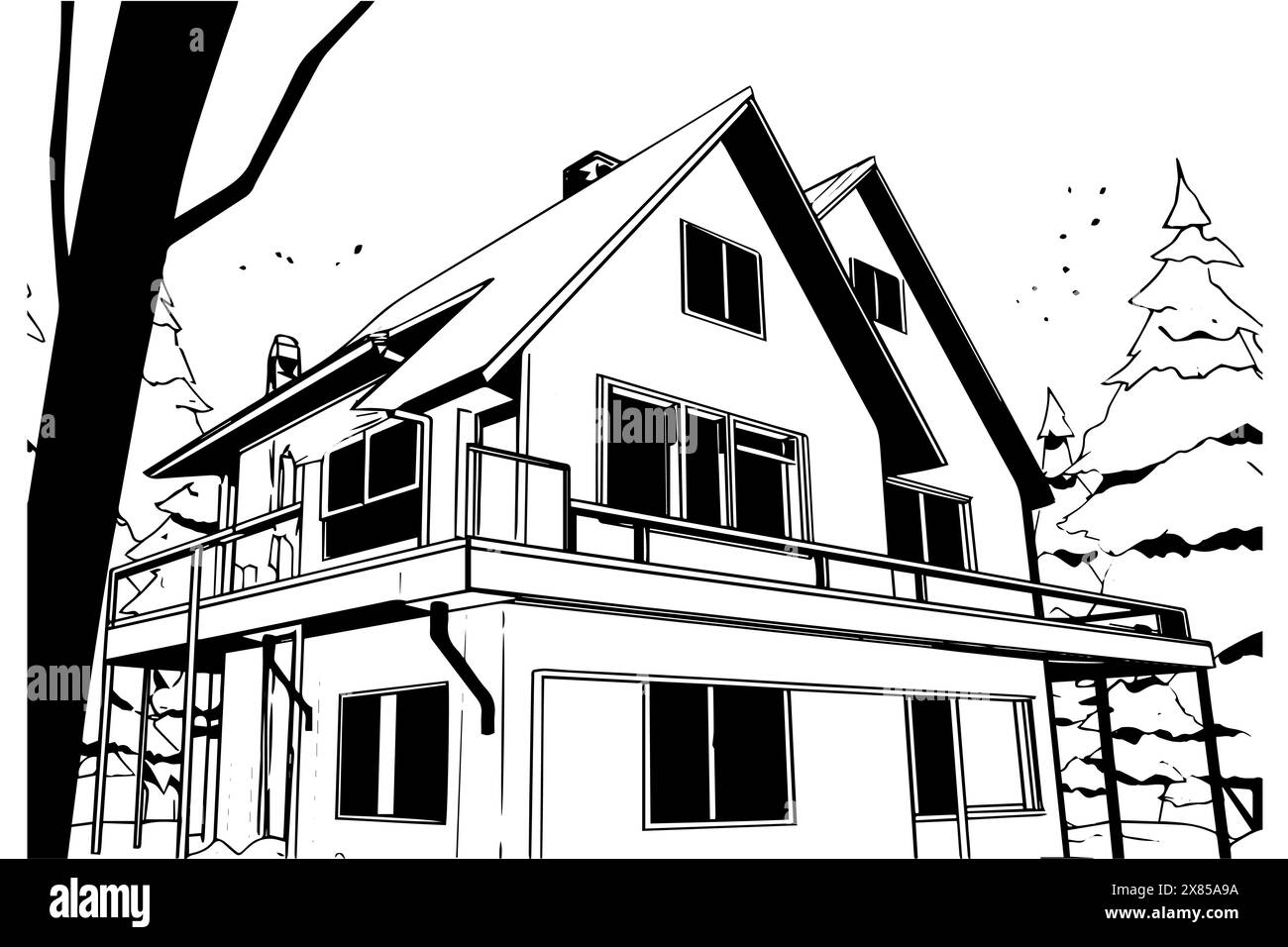 Vector black and white ink sketch of vintage wooden house. Engraving ...