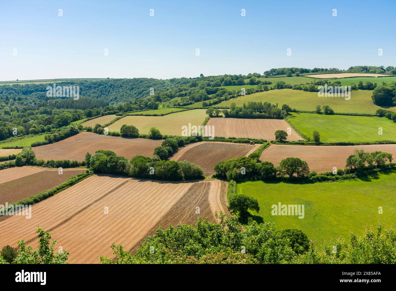 Farmland in the Torridge valley viewed from Castle Hill at Great ...